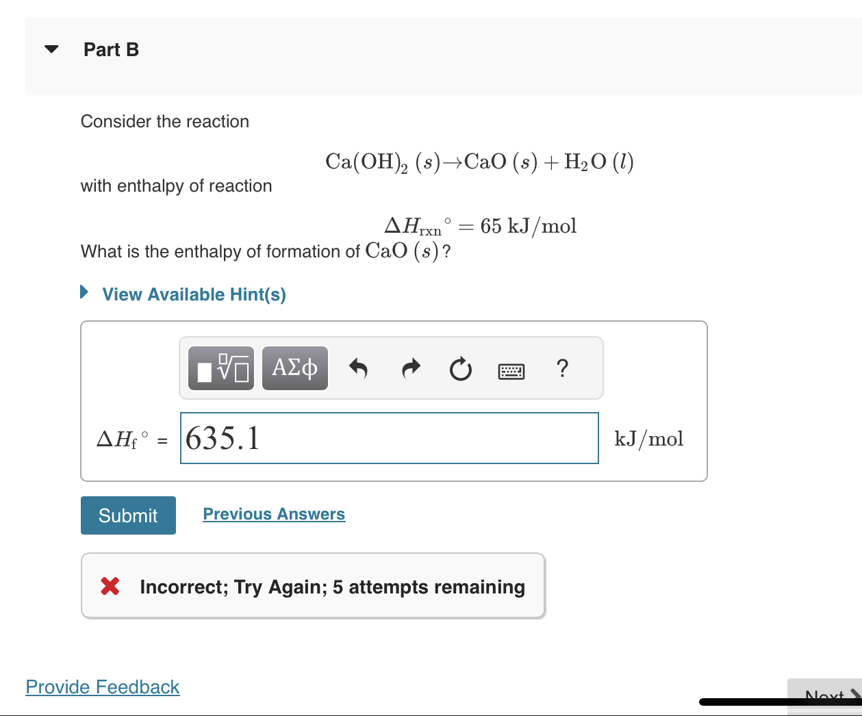 Solved Consider the reaction Ca(OH)2(s)→CaO(s)+H2O with | Chegg.com