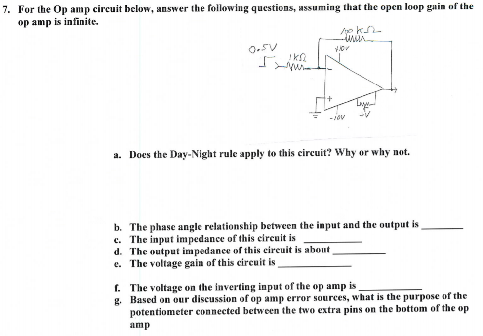Solved 7. For the Op amp circuit below, answer the following | Chegg.com