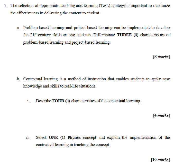 Solved 1. The selection of appropriate teaching and learning | Chegg.com