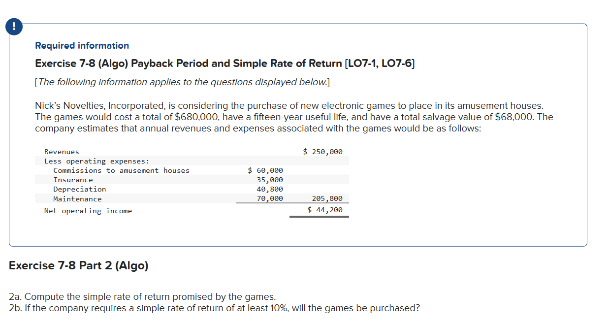 Solved Exercise 7-8 (Algo) Payback Period and Simple Rate of | Chegg.com