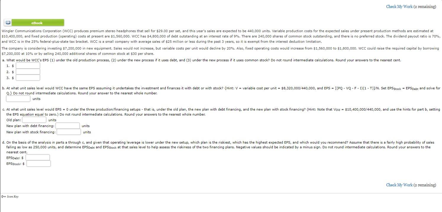 Solved Check My Work (2 remaining) eBook Wingler | Chegg.com