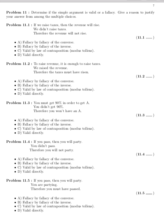 Solved 7 Problem 11 : Determine if the simple argument is | Chegg.com