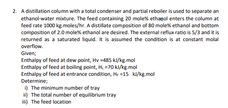 Solved 2. A distillation column with a total condenser and | Chegg.com