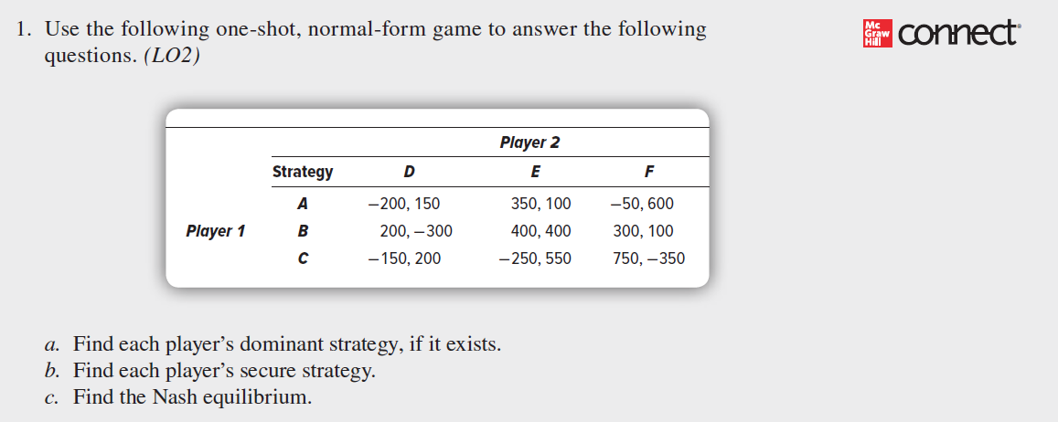 Solved Use the following one-shot, normal-form game to | Chegg.com
