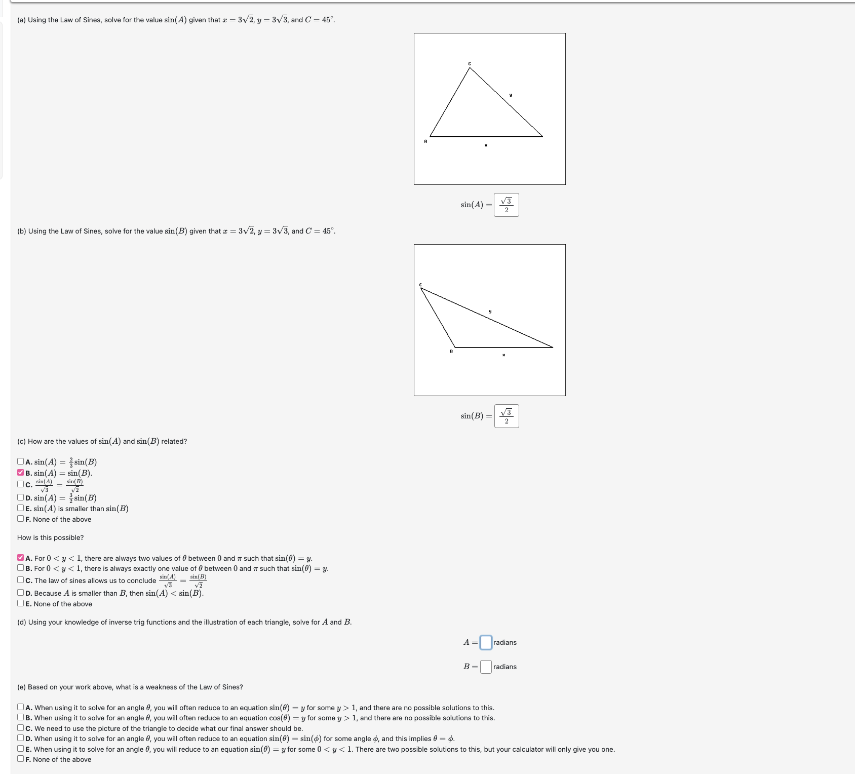 Solved (a) ﻿Using the Law of Sines, solve for the value | Chegg.com