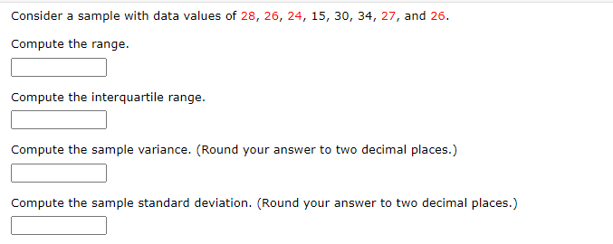 Solved Consider a sample with data values of 28, 26, 24, 15, | Chegg.com