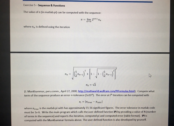 Solved The value of pi (in matlab pi) can be computed with | Chegg.com