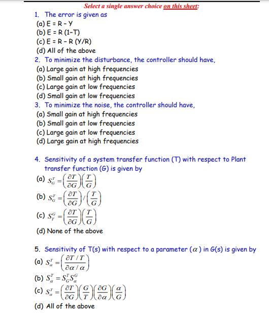 Solved Select a single answer choice on this sheet: 1. The | Chegg.com