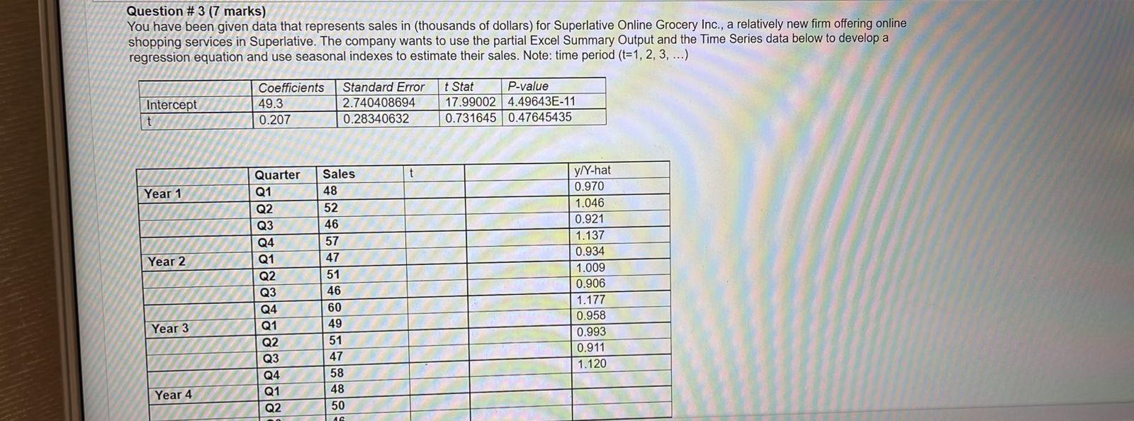 Solved Question # 3 (7 marks) You have been given data that | Chegg.com