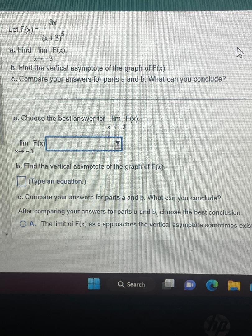 Solved LetF(x)=(x+3)58x a. Find limx→−3F(x). b. Find the | Chegg.com