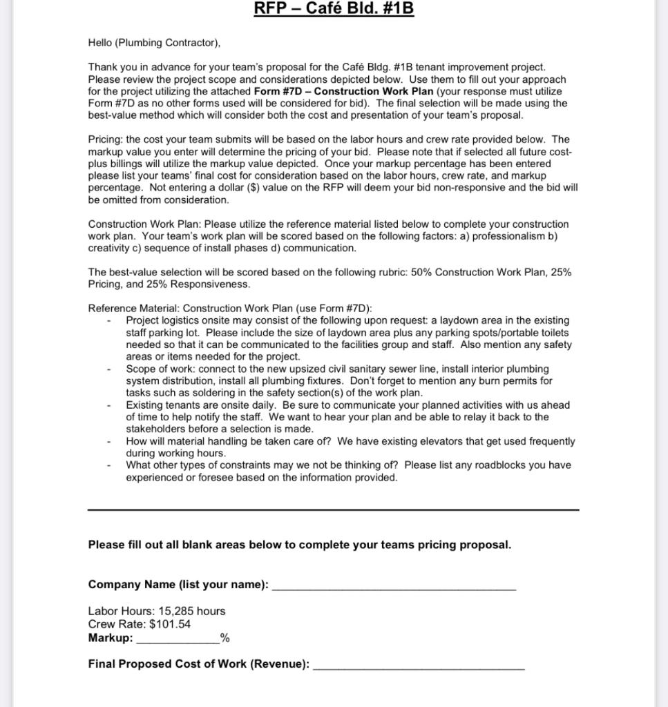 RFP - Café Bld. #1B Hello (Plumbing Contractor), | Chegg.com