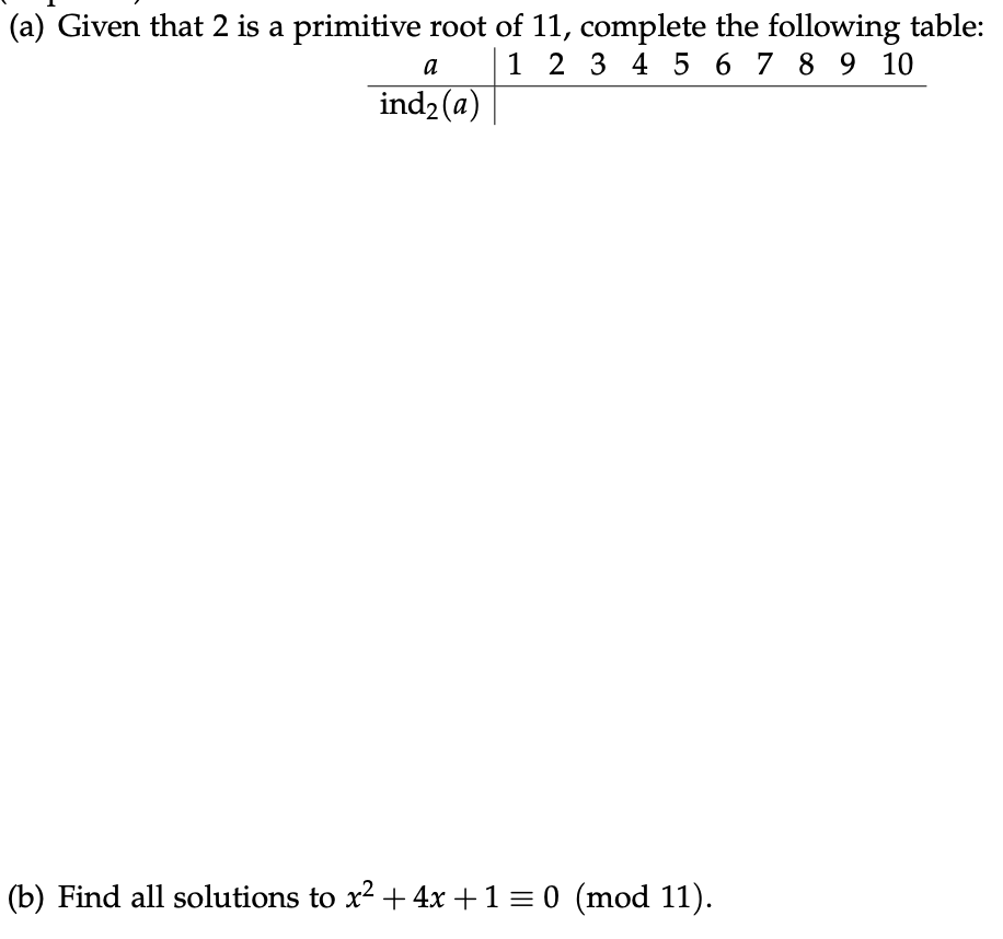 Solved (a) Given that 2 is a primitive root of 11, complete | Chegg.com