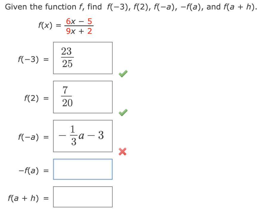 Solved Given the function f, find f(−3),f(2),f(−a),−f(a), | Chegg.com