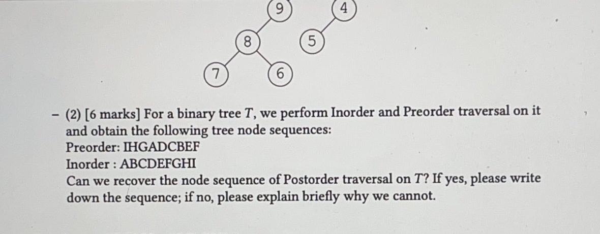 Solved [15 marks] Binary Tree Traversal. An Inorder | Chegg.com