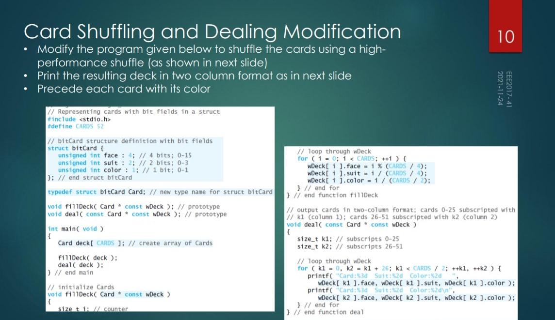 Solved 10 Card Shuffling and Dealing Modification Modify the | Chegg.com