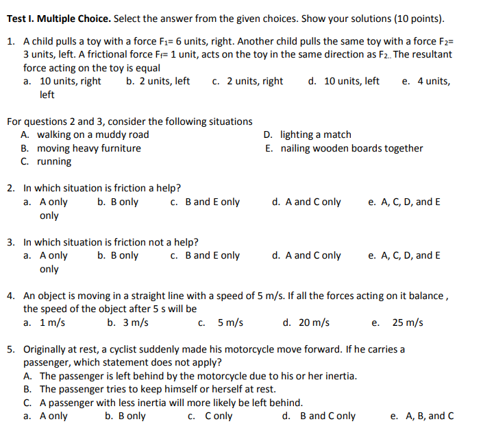 Solved Test I. Multiple Choice. Select the answer from the | Chegg.com