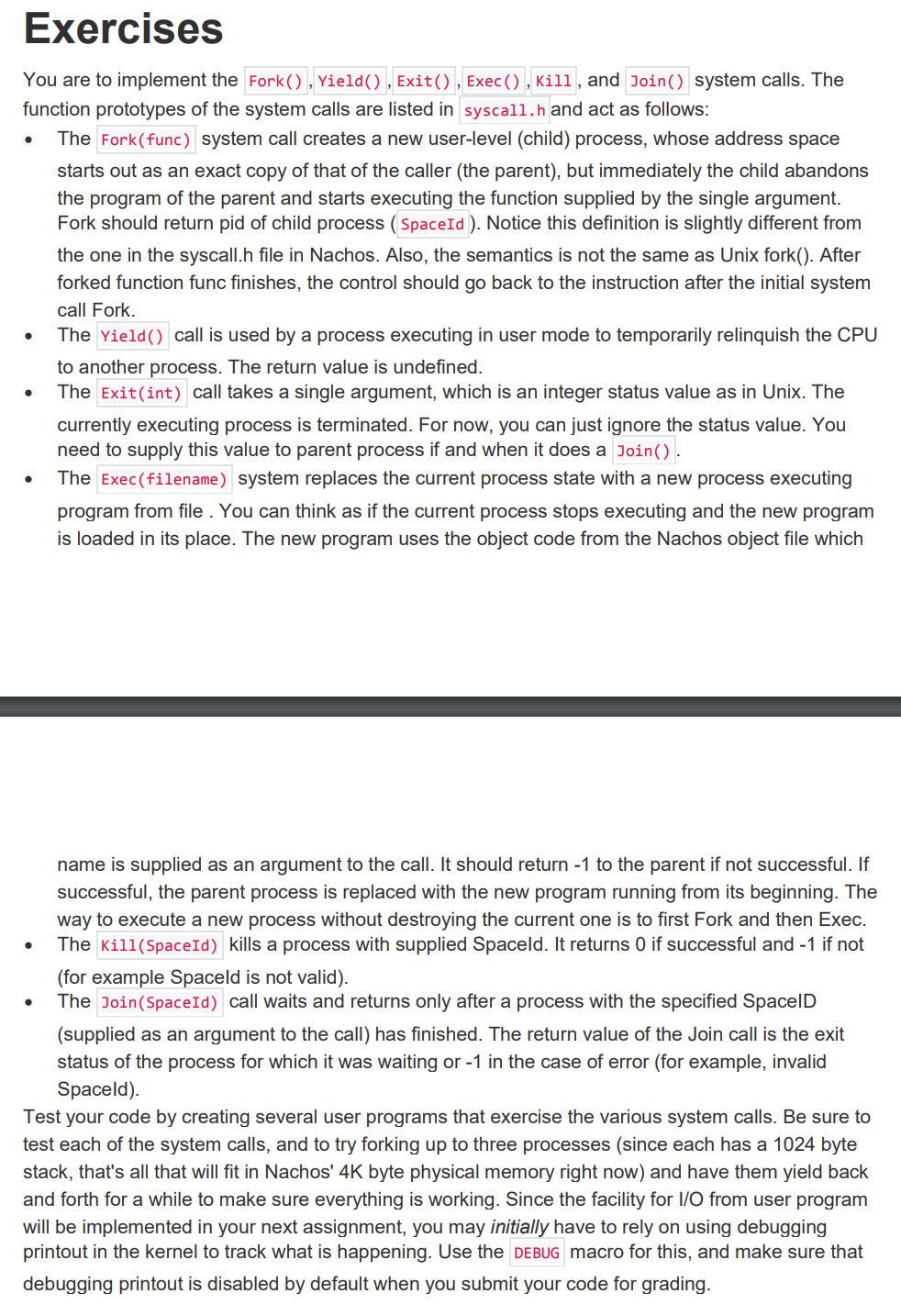 Solved ExercisesYou are to implement the Fork(), ﻿Yield(), | Chegg.com