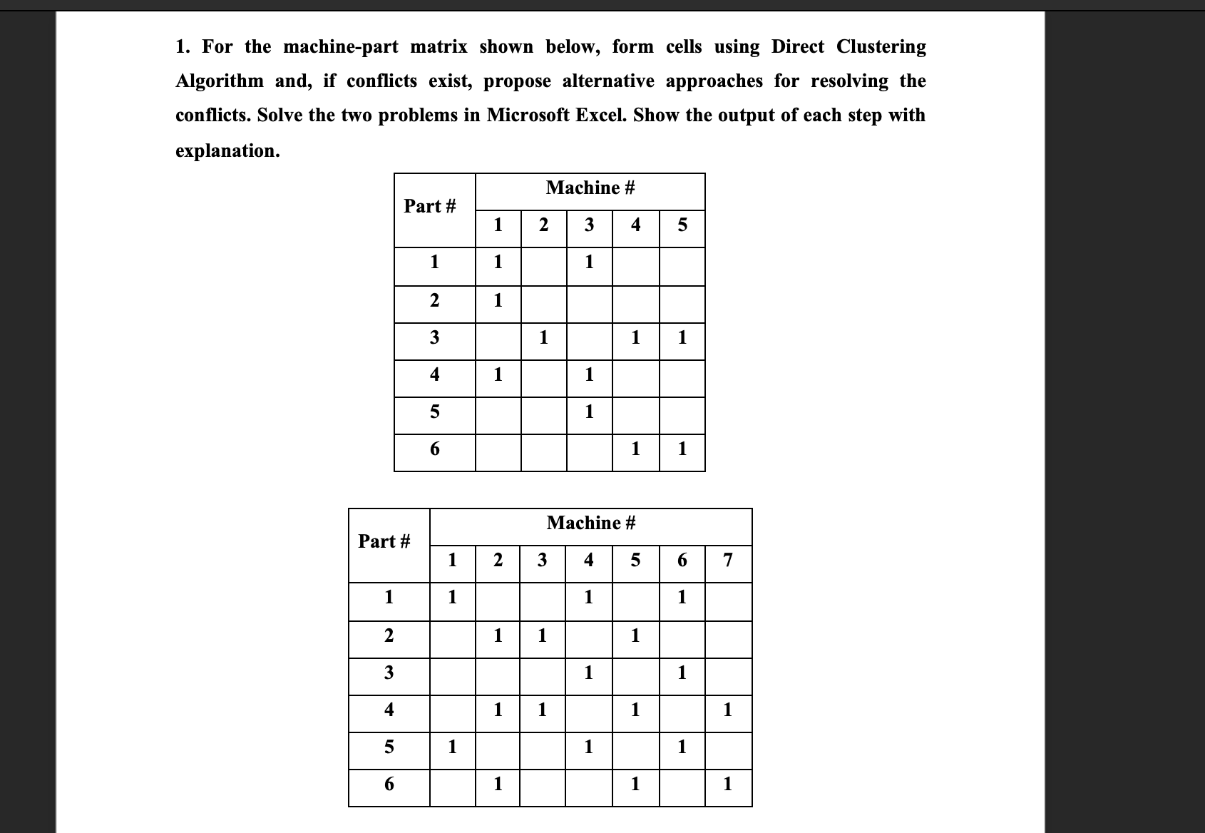 Solved 1. For the machine-part matrix shown below, form | Chegg.com