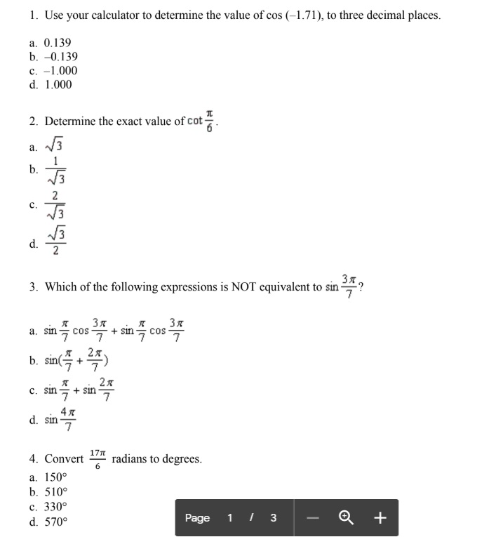 Solved 1. Use your calculator to determine the value of cos | Chegg.com