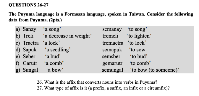 QUESTIONS 26-27 The Puyuma language is a Formosan | Chegg.com