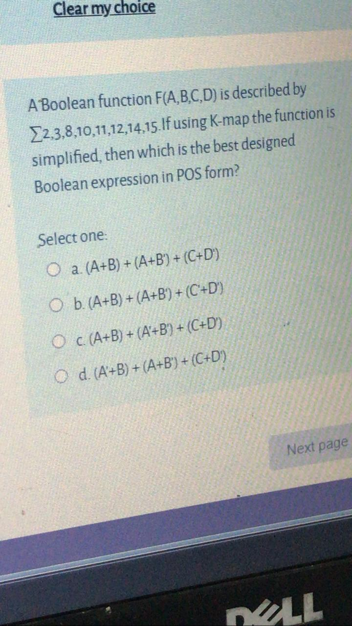 Solved Clear my choice A Boolean function F(A,B,C,D) is | Chegg.com