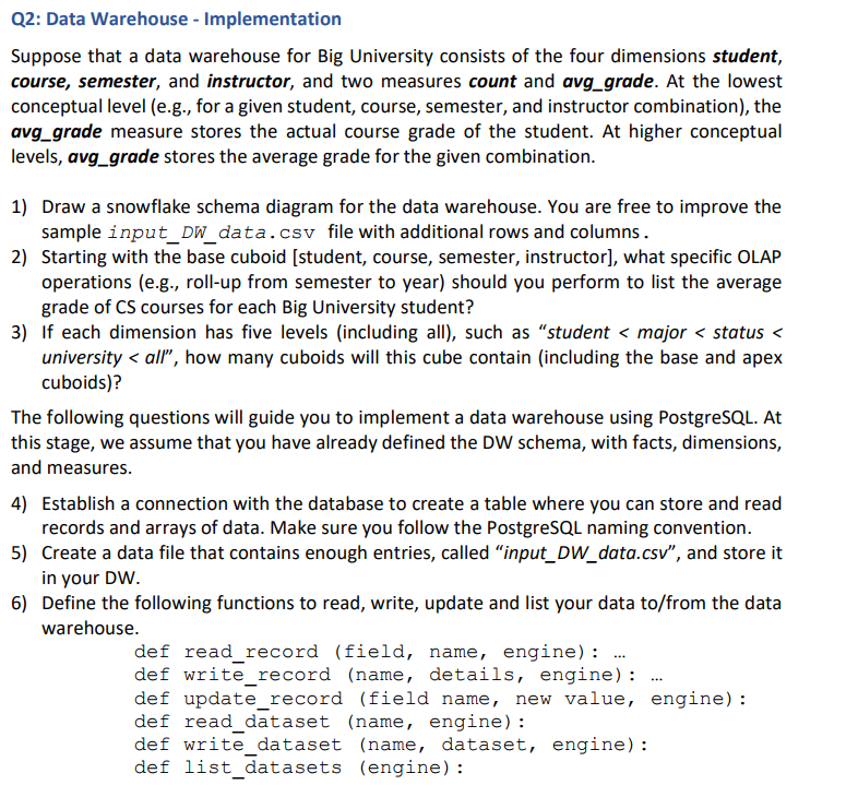 Solved Q2: Data Warehouse - Implementation Suppose that a | Chegg.com