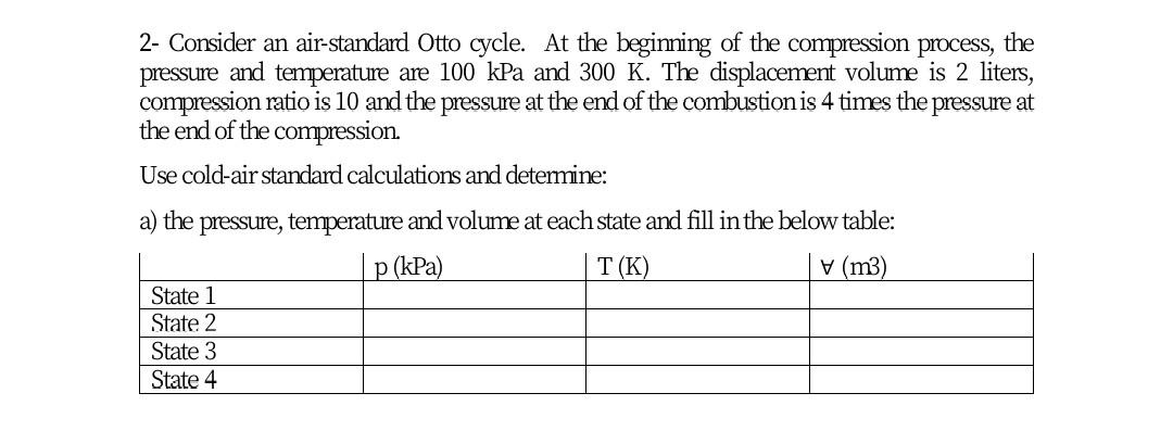 Solved 2- Consider an air-standard Otto cycle. At the | Chegg.com