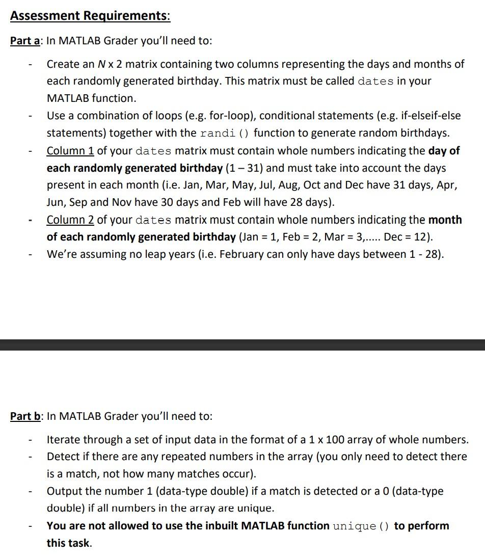 Solved Assessment Requirements: Part a: In MATLAB Grader | Chegg.com