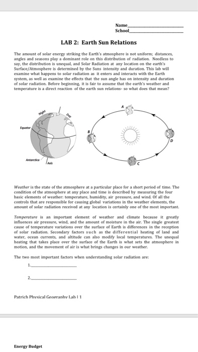 Solved Name LAB 2: Earth Sun Relations The amount of solar | Chegg.com