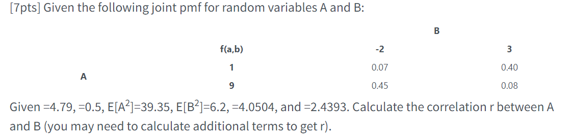 Solved [7pts] Given the following joint pmf for random | Chegg.com