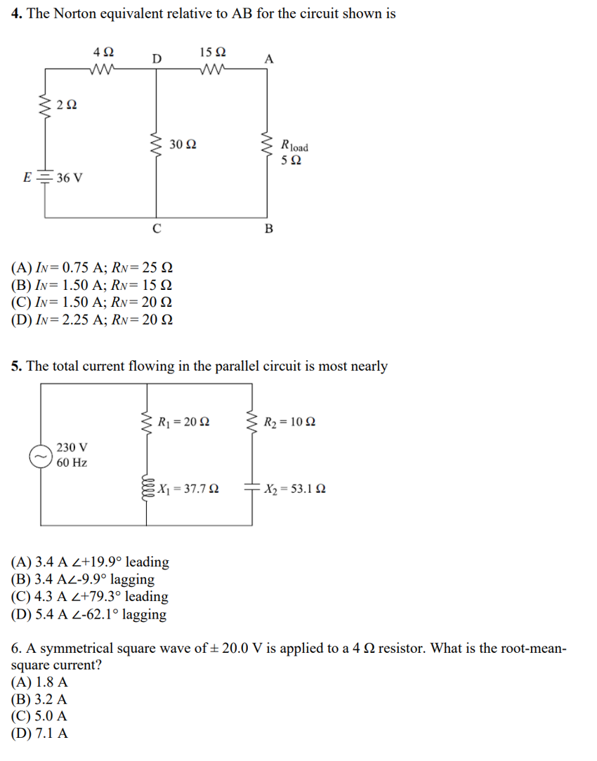 Solved 4. The Norton equivalent relative to AB for the | Chegg.com