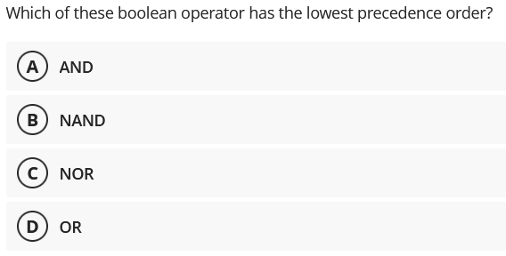 Solved Which of these boolean operator has the lowest | Chegg.com