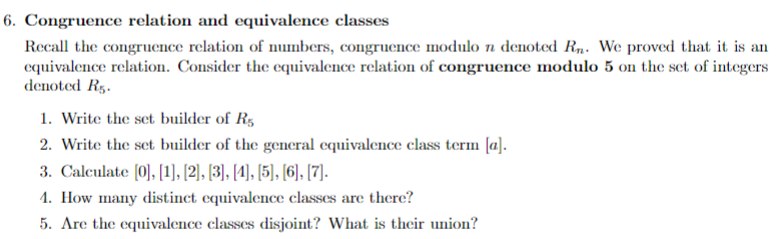 Solved 6. Congruence relation and equivalence classes Recall | Chegg.com