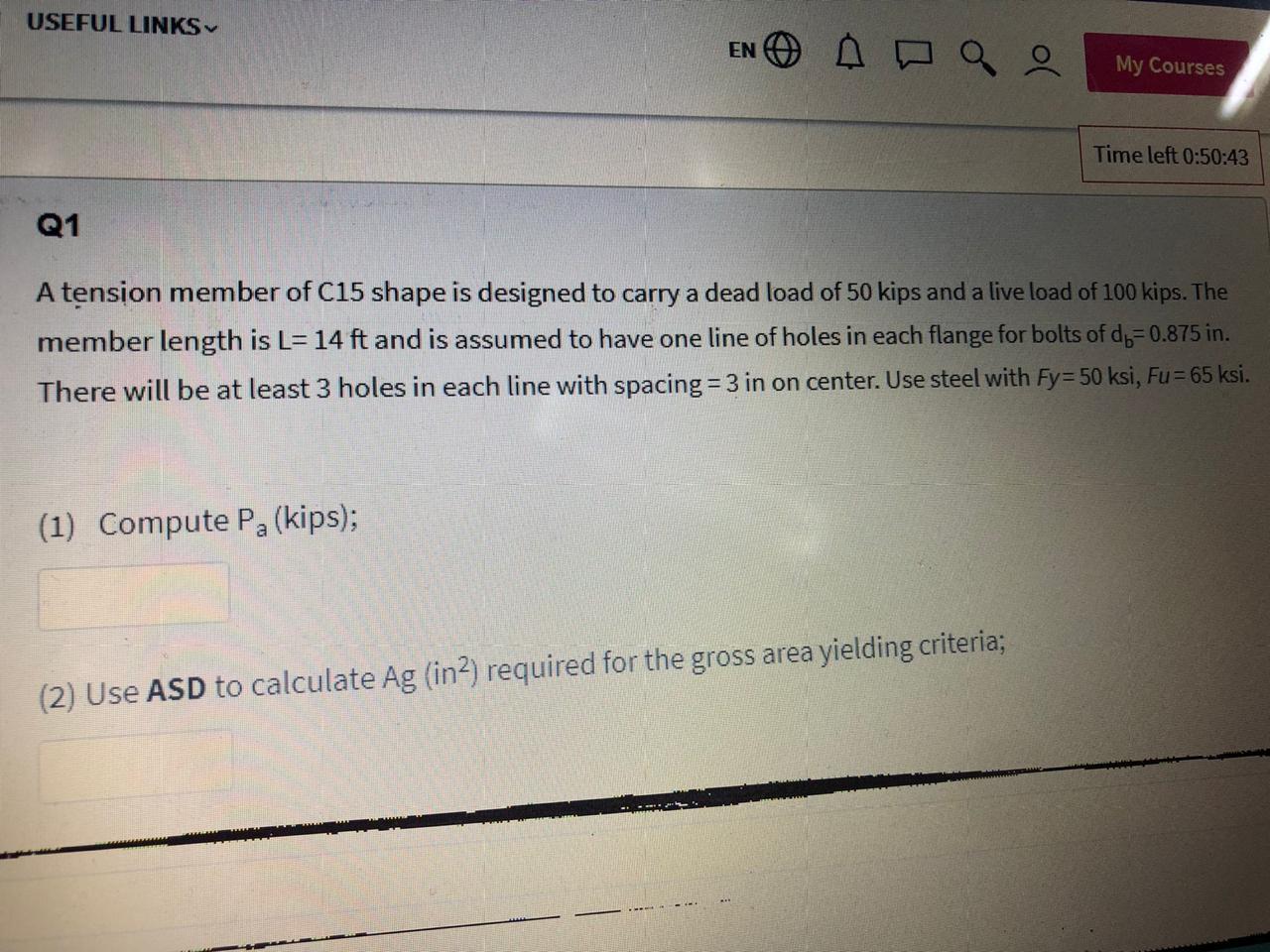 Solved USEFUL LINKS EN OO92 My Courses Time left 0:50:43 Q1 | Chegg.com
