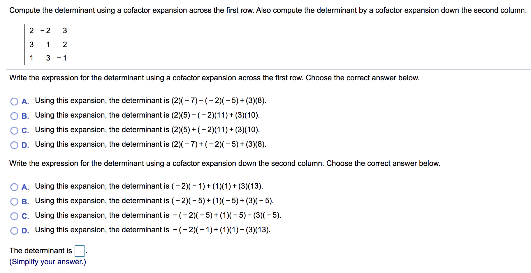 Solved Compute the determinant using a cofactor expansion | Chegg.com