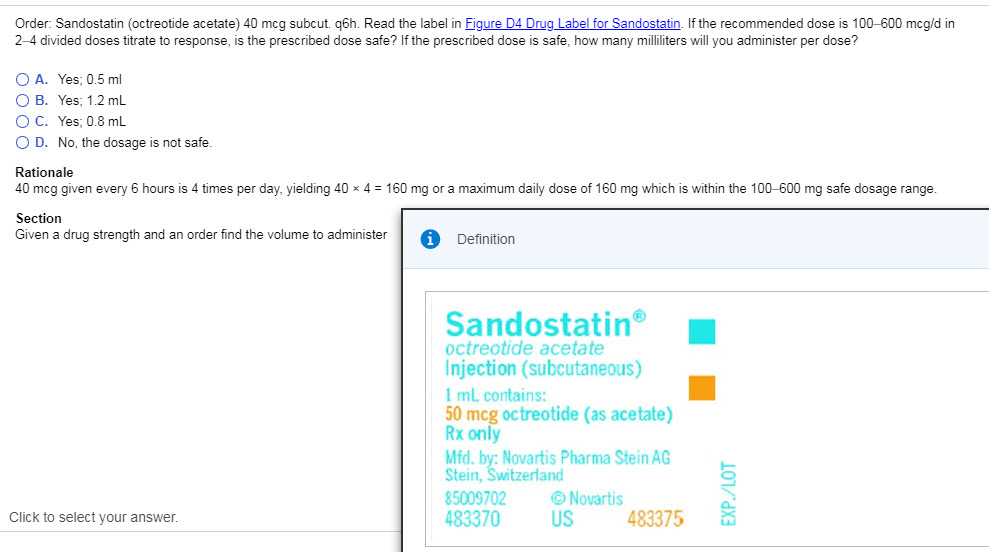 Solved Order: Sandostatin (octreotide acetate) 40 mcg | Chegg.com