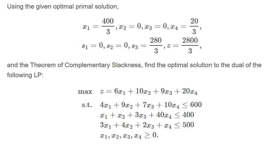 Solved Using the given optimal primal solution, 400 x2 = | Chegg.com