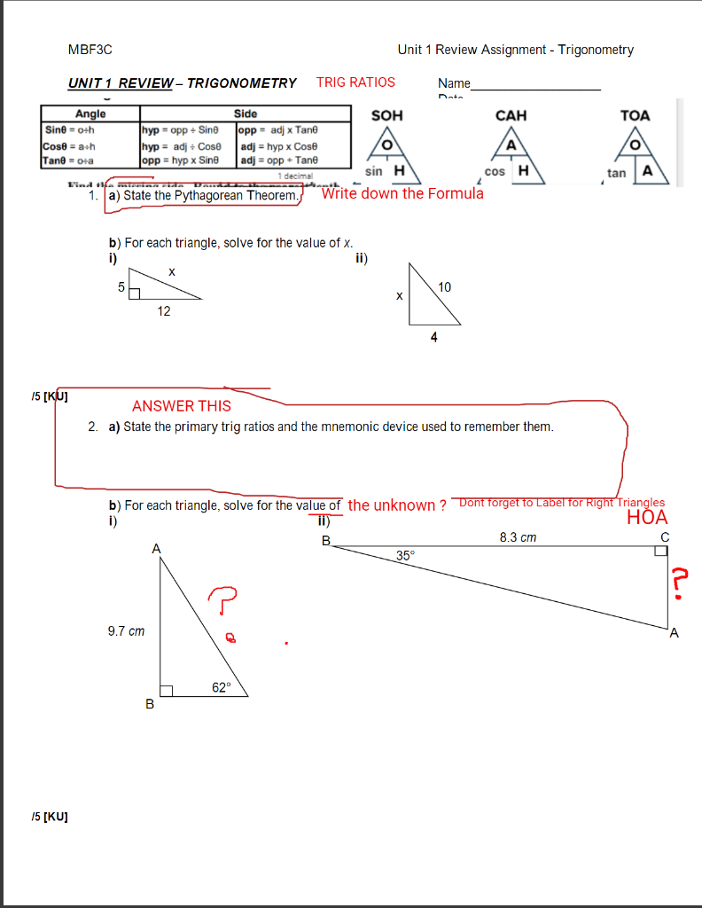 Solved MBF3C Unit 1 Review Assignment - Trigonometry 6. a) | Chegg.com