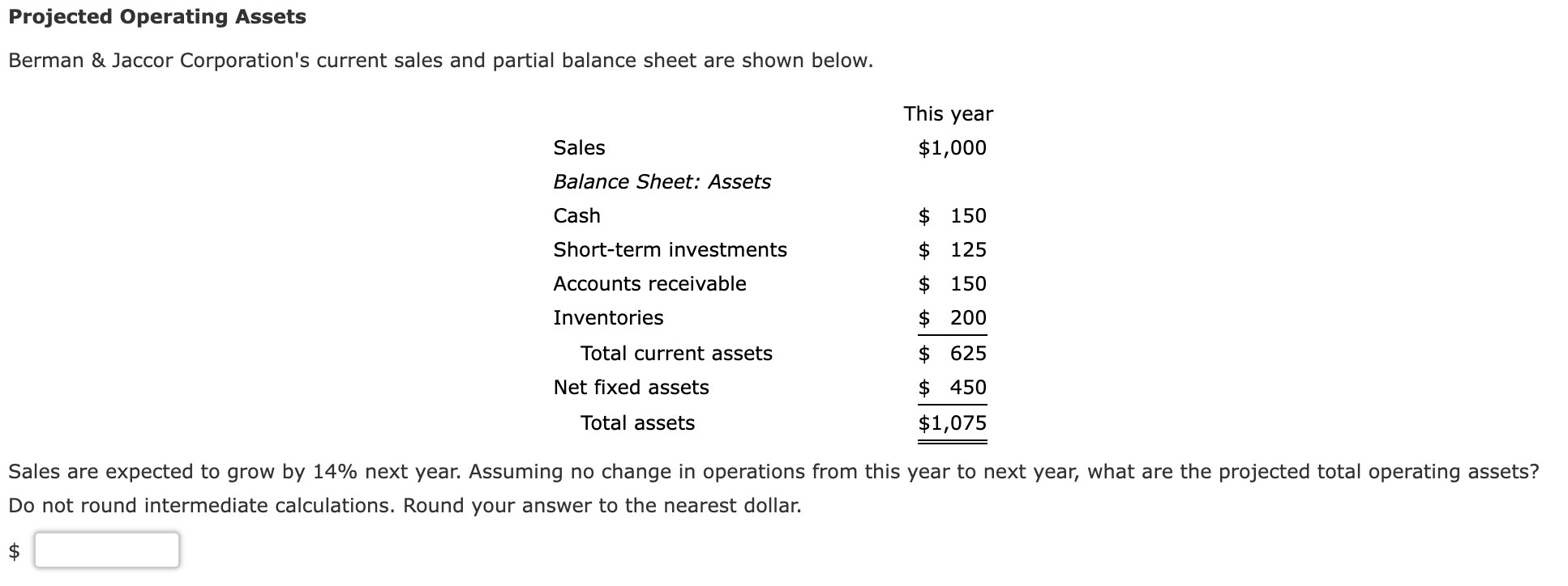 Solved Projected Operating Assets Berman \& Jaccor | Chegg.com
