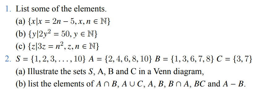 Solved 1. List some of the elements. (a) {x∣x=2n−5,x,n∈N} | Chegg.com