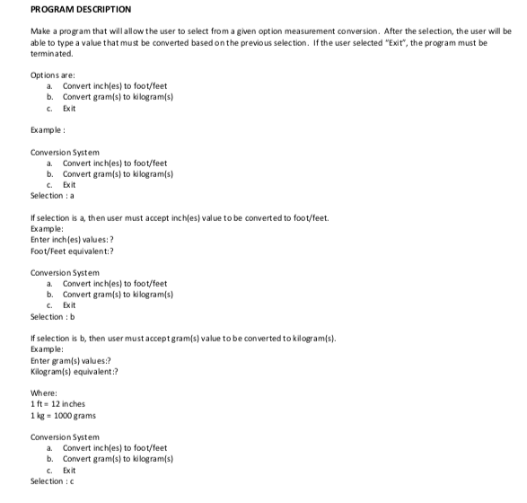 Solved PROGRAM DESCRIPTION Make a program that will allow | Chegg.com