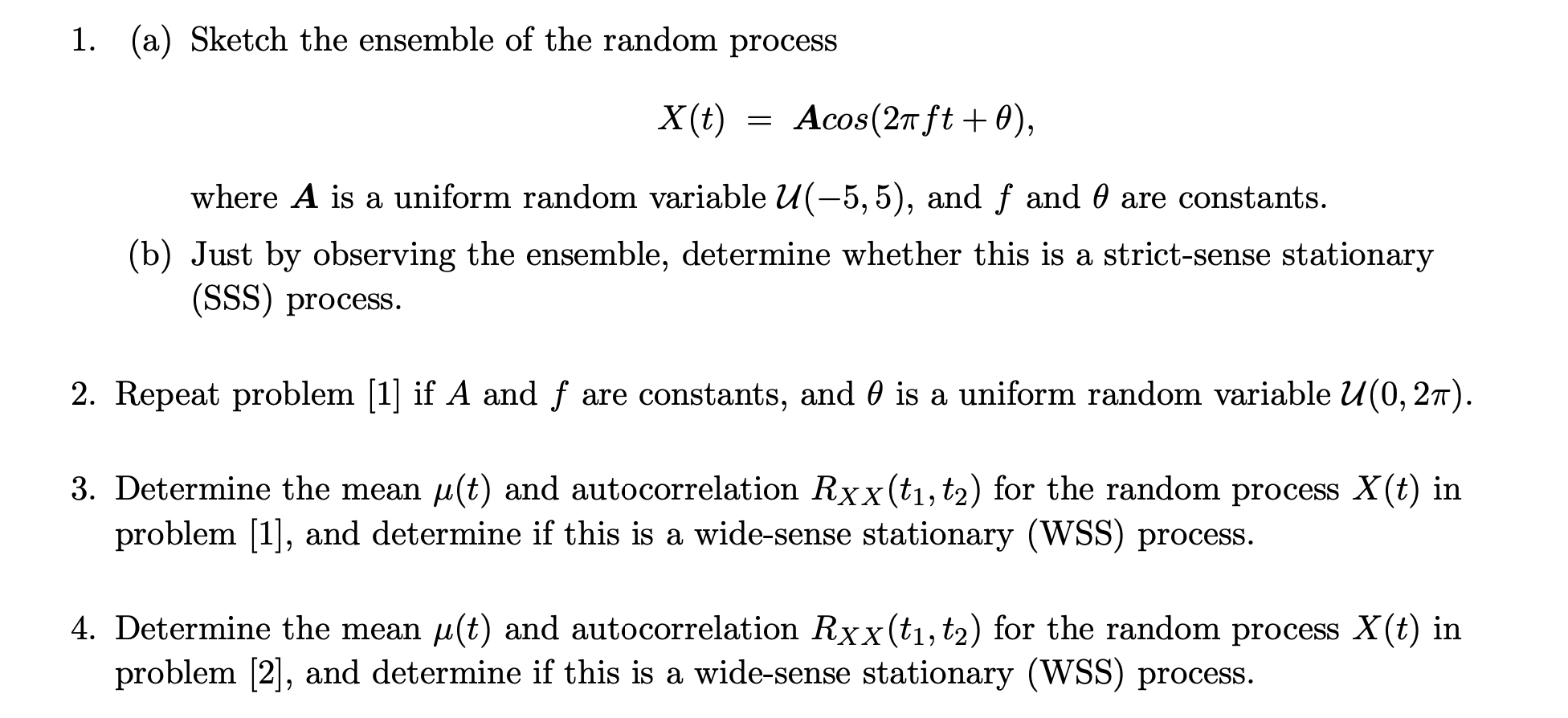 Solved 1. (a) Sketch the ensemble of the random process X(t) | Chegg.com