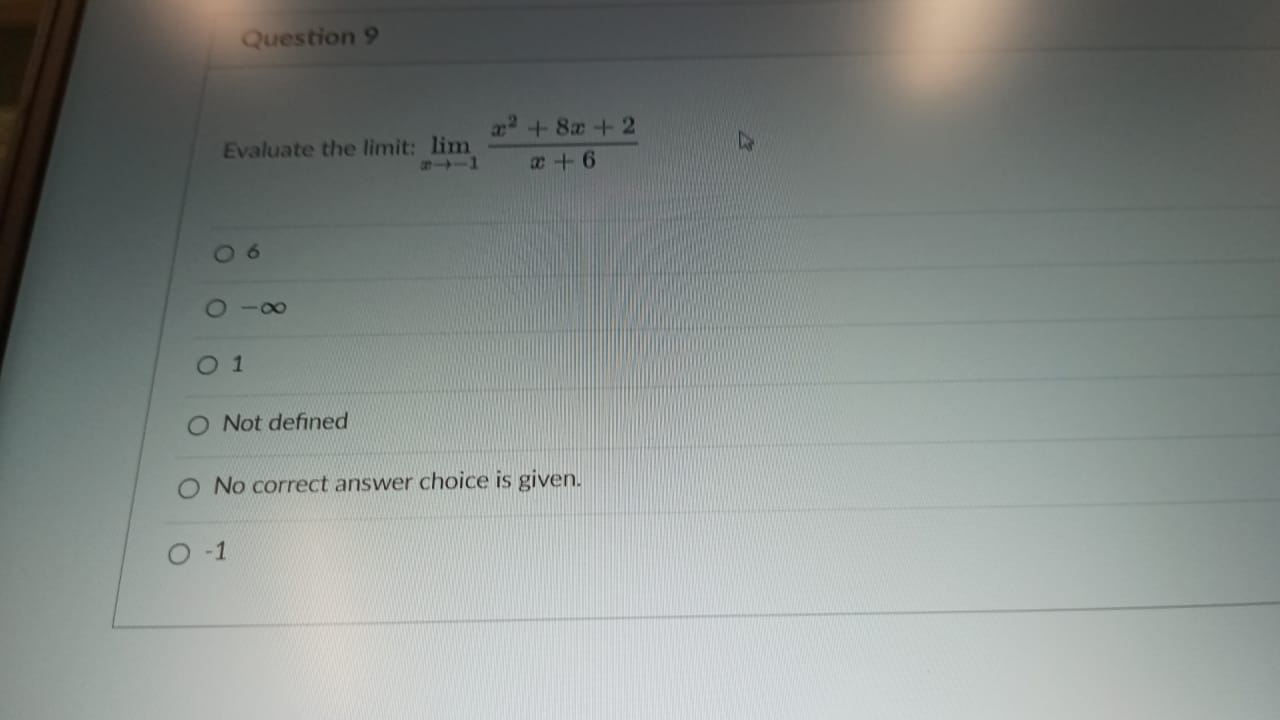 Solved Question 9Evaluate the limit: limx→-1x2+8x+2x+6Not | Chegg.com