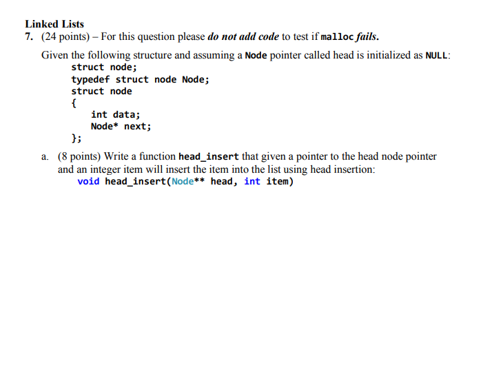 Solved Linked Lists 7. (24 points) - For this question | Chegg.com