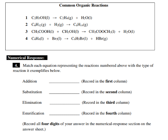 Solved Common Organic Reactions 1C2H5OH(l)→C2H4( g)+H2O(l) | Chegg.com