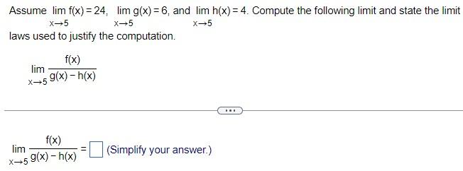 Solved Compute the following limit assuming limx→3f(x)=6. | Chegg.com