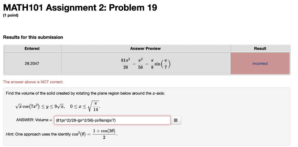 Solved MATH101 Assignment 2: Problem 19 (1 point) Results | Chegg.com