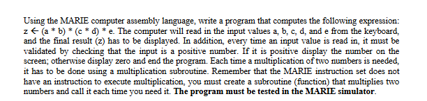Solved Using the MARIE computer assembly language, write a | Chegg.com