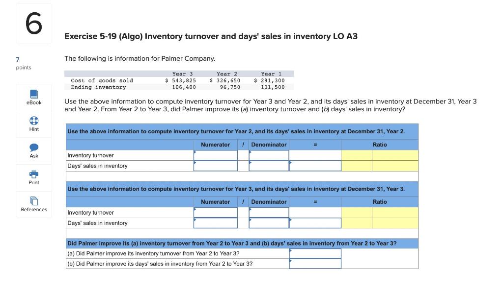 Solved Exercise 5-19 (Algo) Inventory turnover and days' | Chegg.com