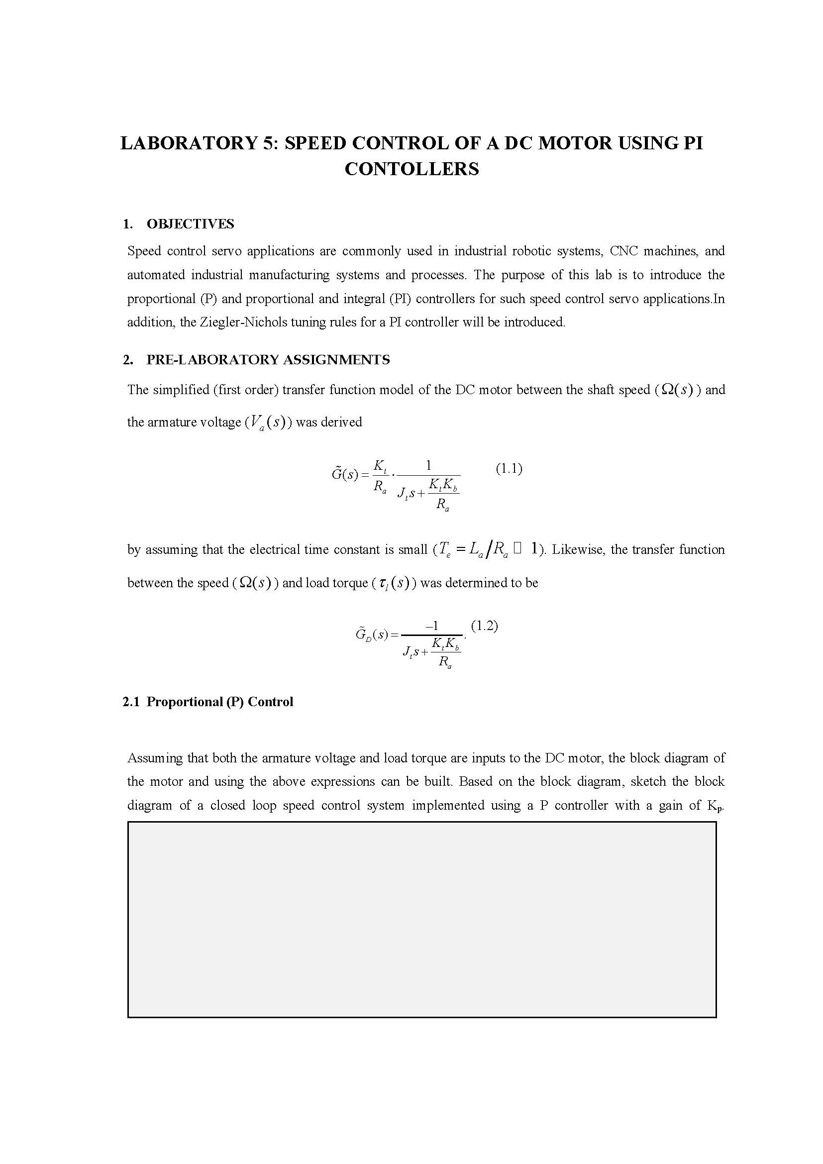 LABORATORY 5: SPEED CONTROL OF A DC MOTOR USING PI | Chegg.com